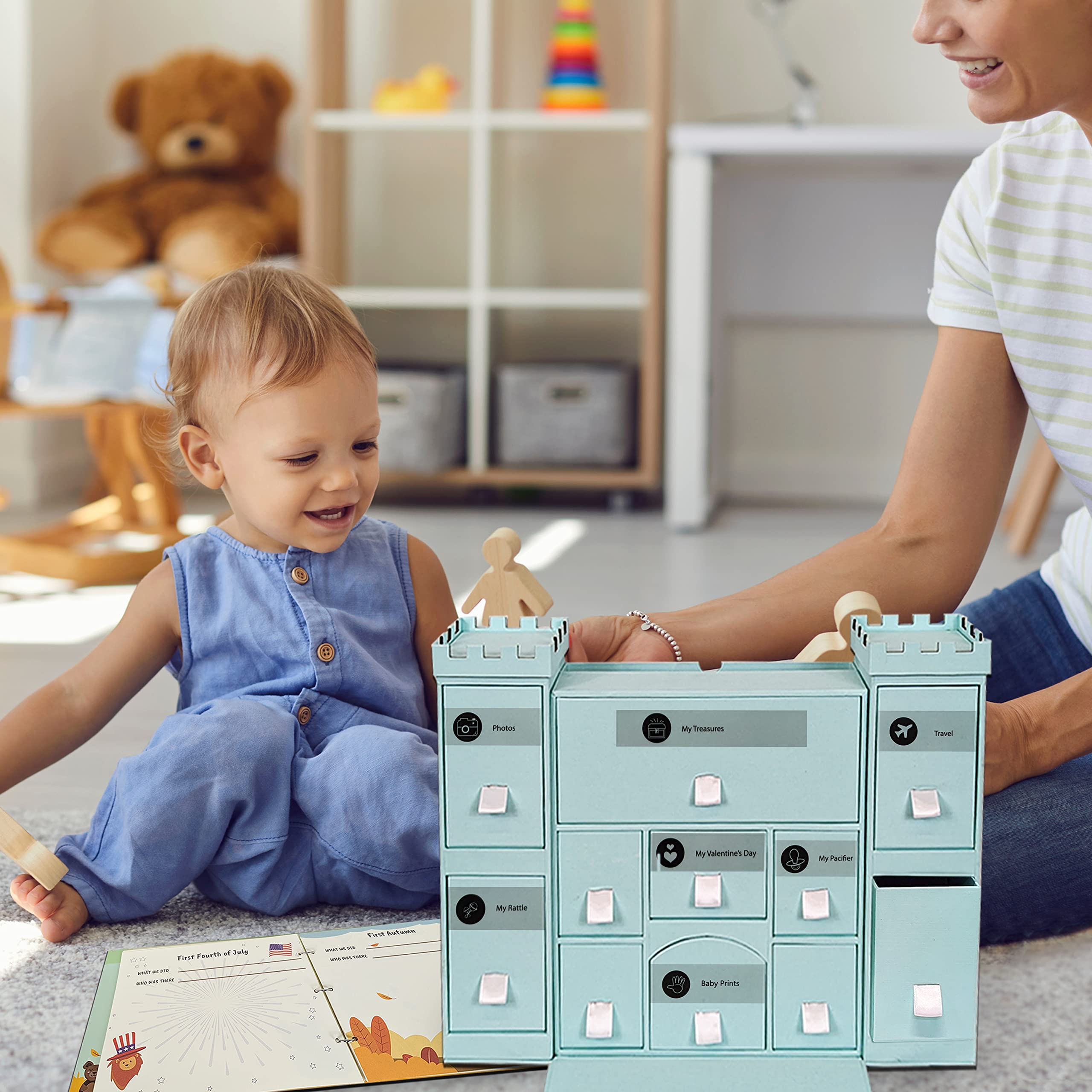 Baby Keepsake Box Castle for Boy or Girl with Multiple Baby Keepsake Storage Organizer Drawers, with Baby Memory Book Keepsake Album for Photo Scrapbook and Milestones, First Year+, Keepsakes Label