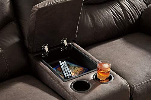 Signature Design by Ashley Boxberg Faux Leather Manual Double Reclining Loveseat with Center Console, Dark Brown