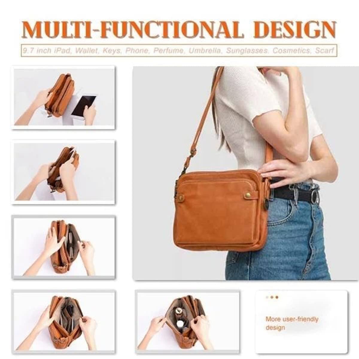 BALINS 2023 New Three-Layer Crossbody Leather Shoulder Bag, Womens Shoulder Bag and Clutch Bag, Womens Leather Shoulder Bag (Brown)