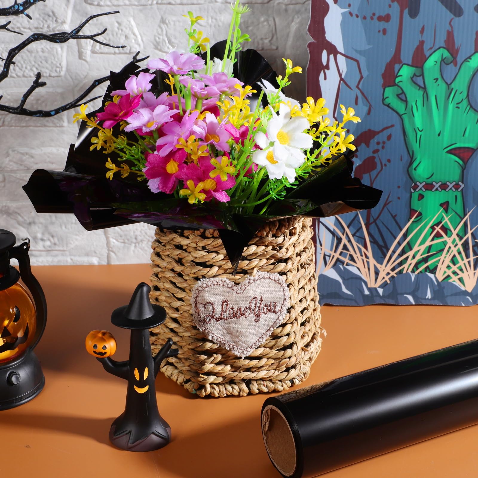 Pengxiaomei 32in x 50 Ft Black Cellophane Wrap for Gift Baskets Flower Halloween Wrapping Paper Cellophane Wrap Roll for Gift Halloween Wrapping (Black)