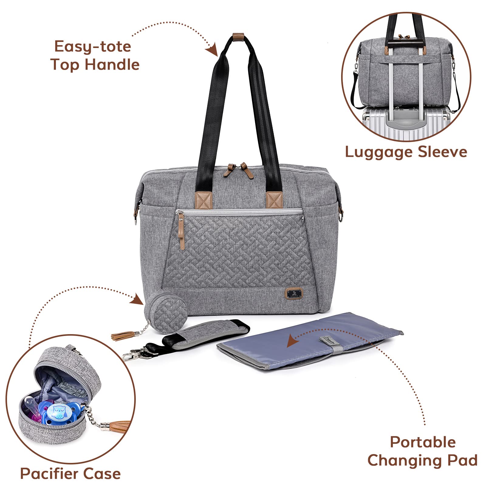 Dikaslon Diaper Bag Tote with 2 Pack Stroller Hooks, Pacifier Case and Changing Pad, Large Travel Diaper Tote for Mom and Dad, Multifunction Baby Bag for Boys and Girls