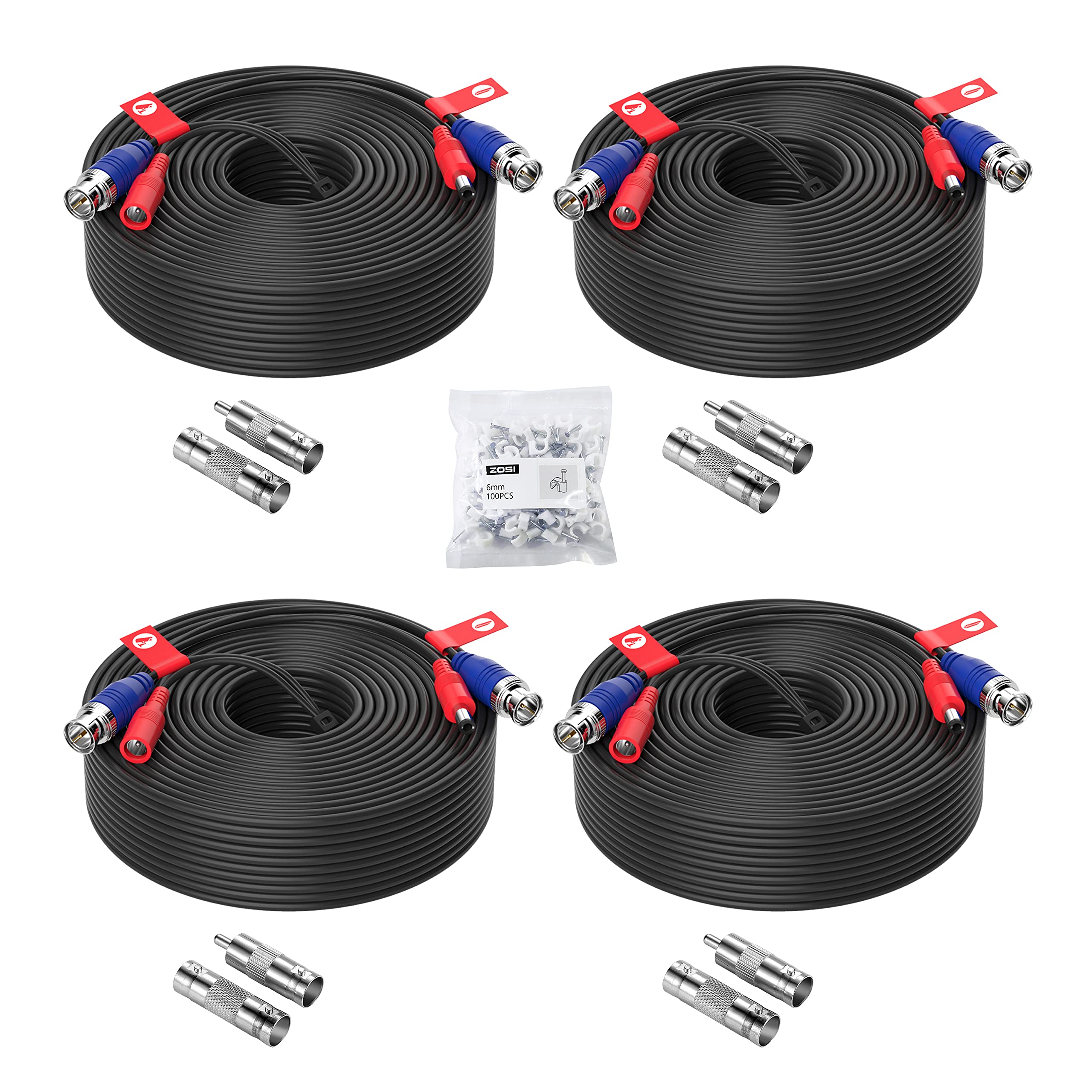 ZOSI 4 Pack 100ft (30 Meters) 2-in-1 Video Power Cable, BNC Extension Surveillance Camera Cables for Video Security Systems (Included 4X BNC Connectors and 4X RCA Adapters)
