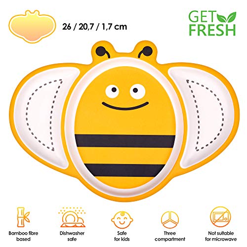 GET FRESH Bamboo Kids Divided Plates – 1pc Cute Bee Bamboo Toddler Divided Plate with 3 Compartments – Reusable Animal Sectioned Bamboo Fibre Childrens Plates – Dishwasher Safe Bamboo Kids Dinnerware