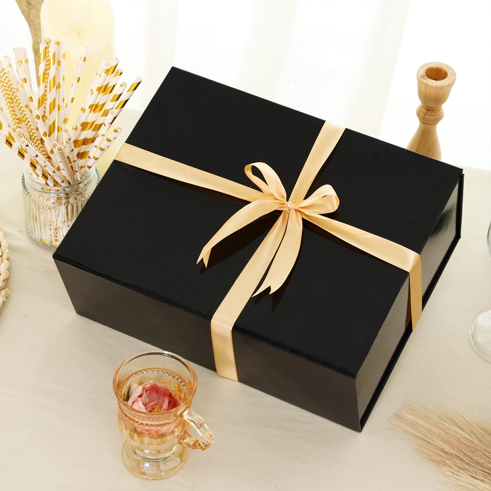 Moretoes Black Gift Box, 3pcs 12 x 9 x 4.3 Inches Gift Boxes with Magnetic Lid and Ribbons, Large Collapsible Gift Box