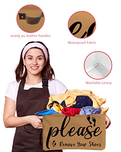 Please Remove Your Shoes Storage Basket Waterproof Cube Storage Bin Organizer with Handles, Farmhouse Brown Collapsible Storage Cubes Bins for Clothes Books Toys 15"x11"x9.5"