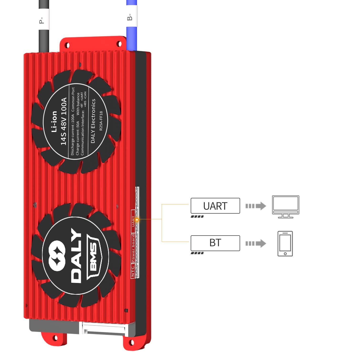 DALY Smart BMS Li-ion 48V 14S 100A with UART Communication, Resetting Bluetooth Module,Common Port for RV Lithium Power Rated 3.7V Converter (Smart BMS,100A)