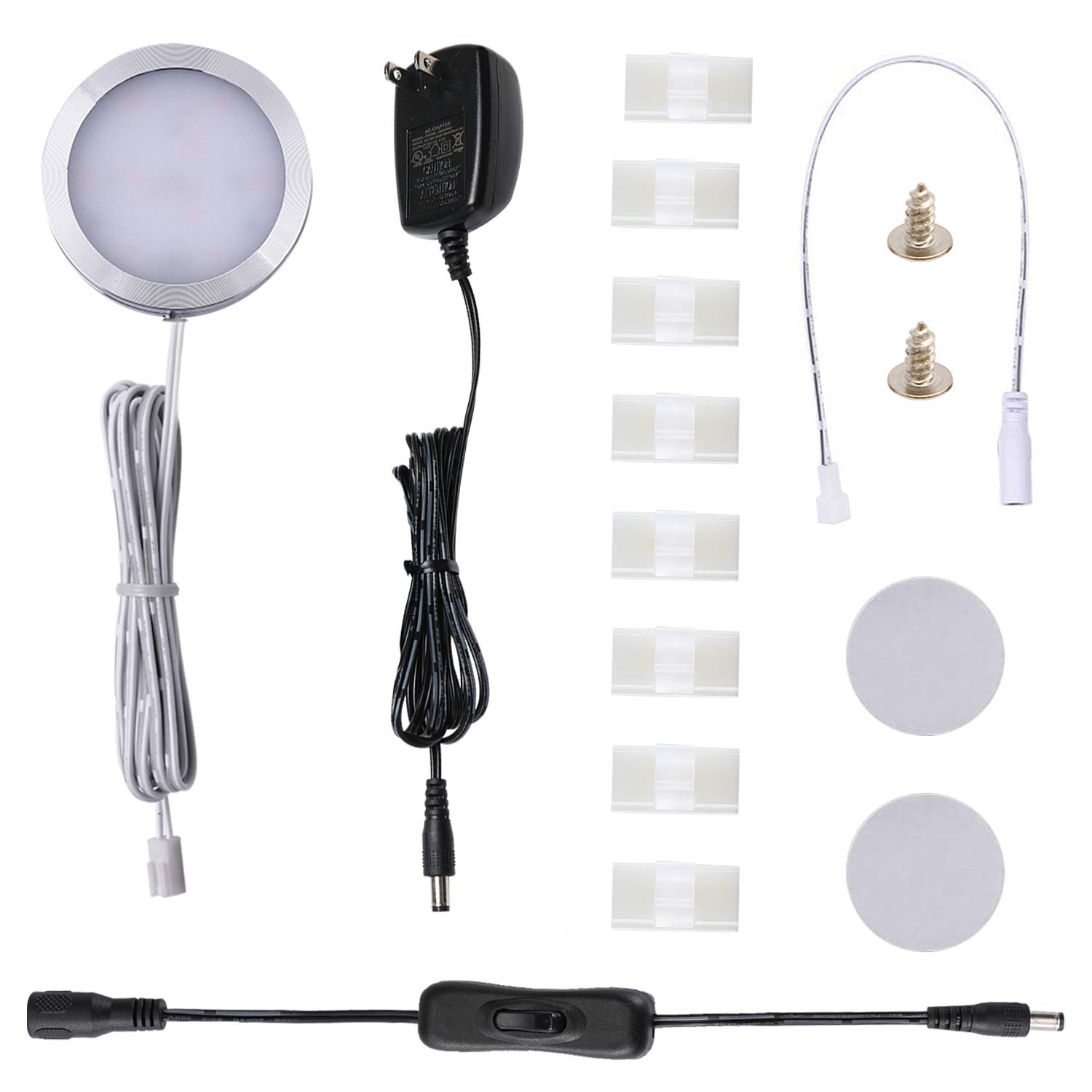 AIBOO 12V LED Under Cabinet Puck Lights Plug in, with Manual Switch, Single Puck LED Light for Closet,Counter,Showcase,12Vdc Low Voltage Wall Plug (Warm White)