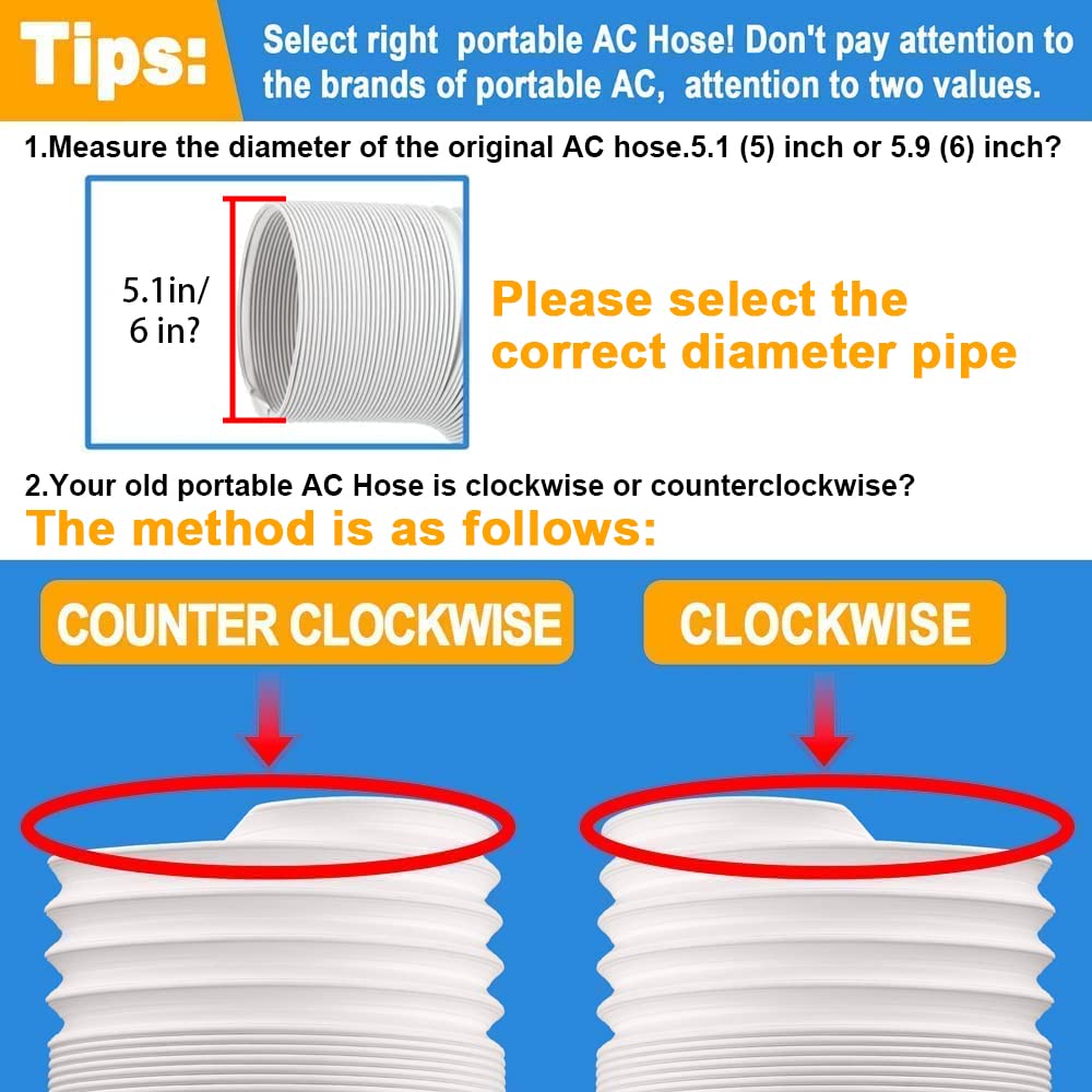 Air Conditioner Hose, Portable Exhaust Vent Hose with 5.9 Inch (6‘’) Diameter, Counterclockwise AC Hose Length to 80 Inch, Universal Replacement AC Vent Hose for LG and Many More Portable AC