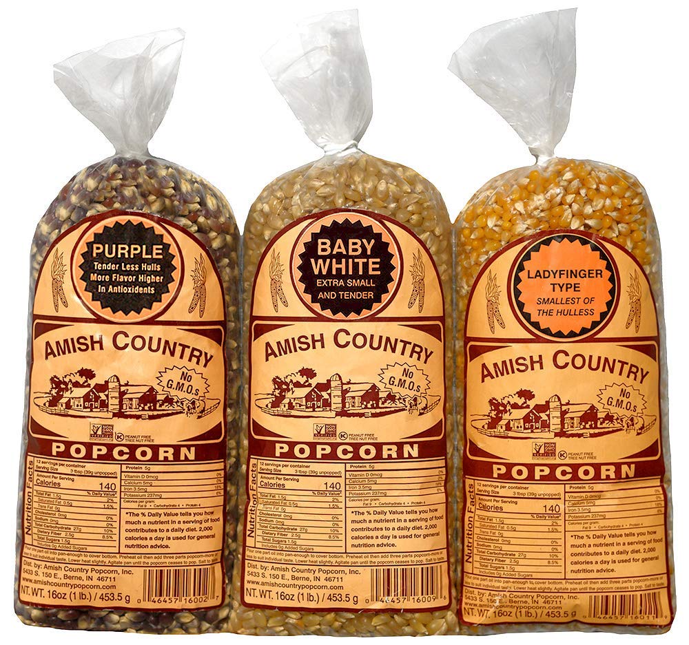 Amish Country Popcorn | 3-1 lb Bags | 1 lb Baby White, 1 lb Ladyfinger, and 1 lb Purple Popcorn Kernels Variety Pack | Old Fashioned, Non-GMO and Gluten Free (3-1 lb Bags)