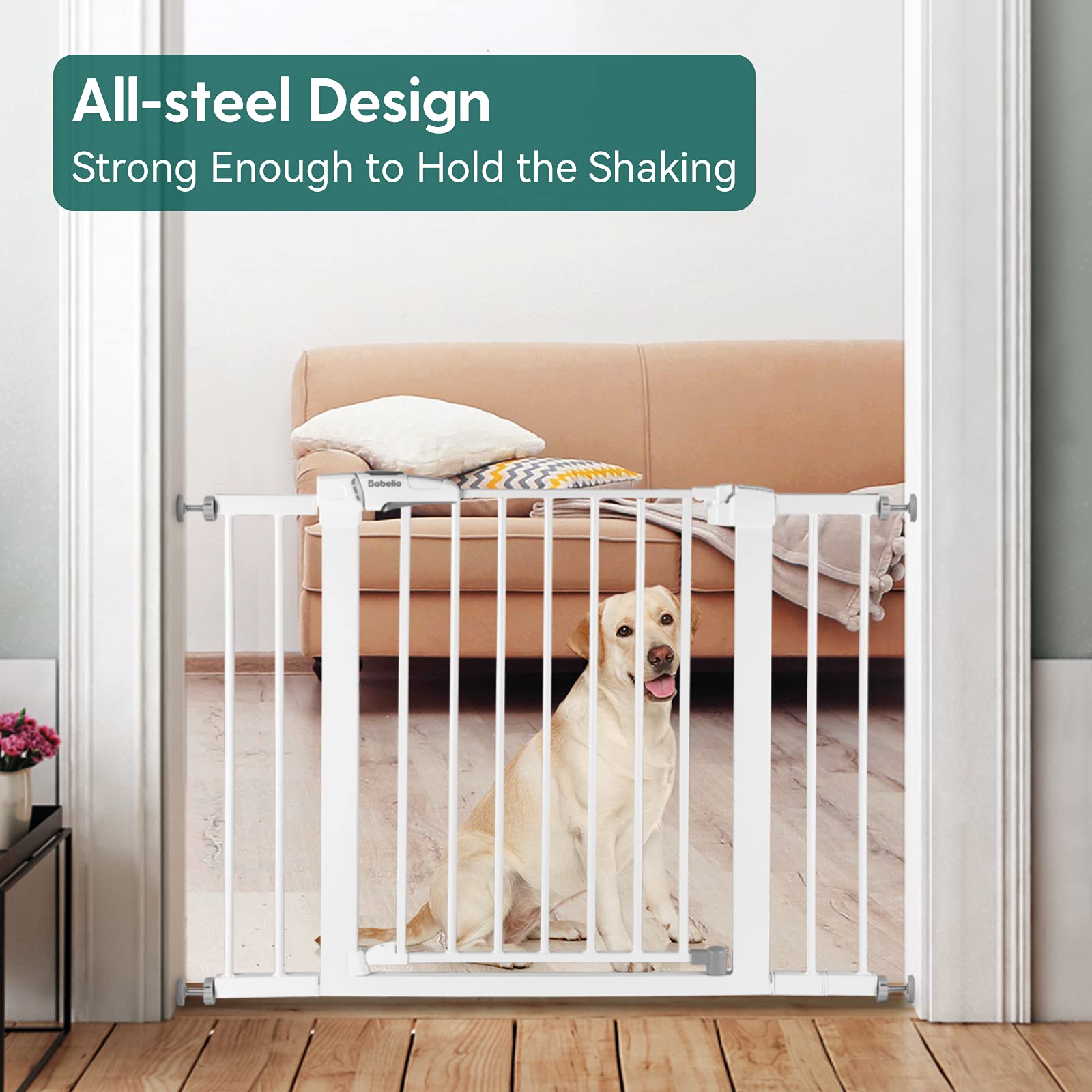 BABELIO 26-34.5 Inch Easy Install Narrow Pressure Mounted Metal Baby Gate, No Drilling, No Tools Required, with Wall Protectors and Extenders (White)