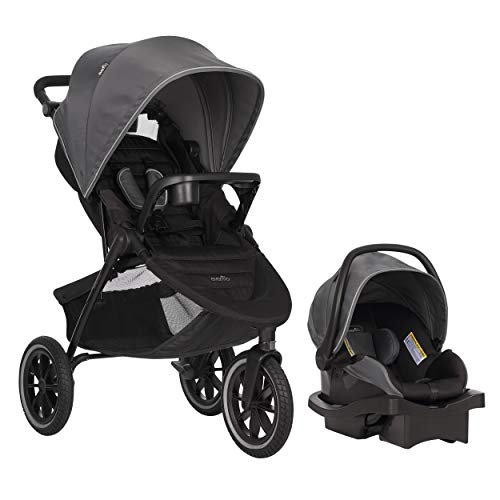 Evenflo Folio3 Stroll & Jog Travel System w/LiteMax 35 Infant Car Seat, Crossover Versatility, Ultra-Compact, Self-Standing Folding Design, 12β Air-Filled Tires, Front Wheel Swivel Lock, Avenue Gray