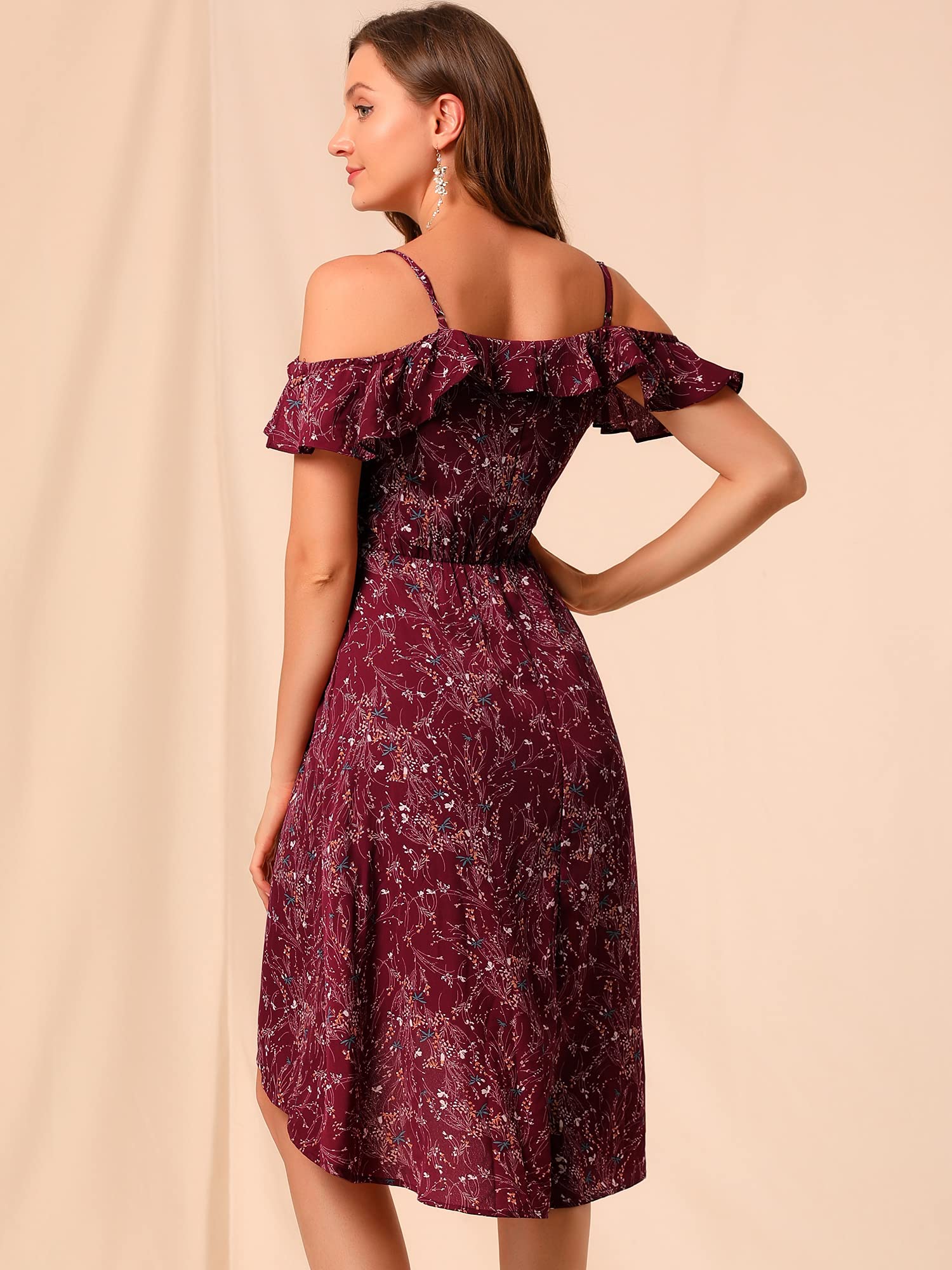 Allegra K Women's Spaghetti Strap Ruffled Sleeves Asymmetrical High Low Floral A-Line Midi Dress Large Wine Red