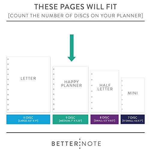BetterNote Notes Refill Pages for Discbound Notebooks, fits Classic Happy Planner, Levenger Circa, TUL, Staples Arc, InkWell Press, Talia (Classic- 25 Sheets, 9-Disc, 7"x9.25")