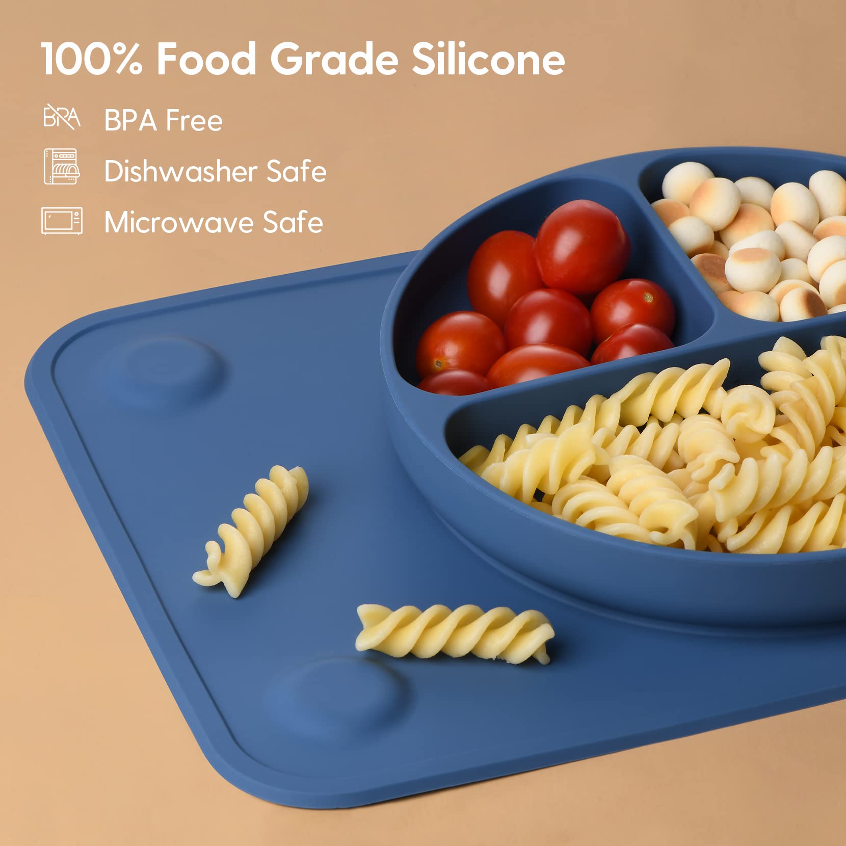 BABELIO Baby Plates with Suction, Silicone Suction Plate for Toddlers & Babies, Divided Dishes | Placemat Plate Design | 100% Silicone | BPA Free | Dishwasher Safe (Blue)