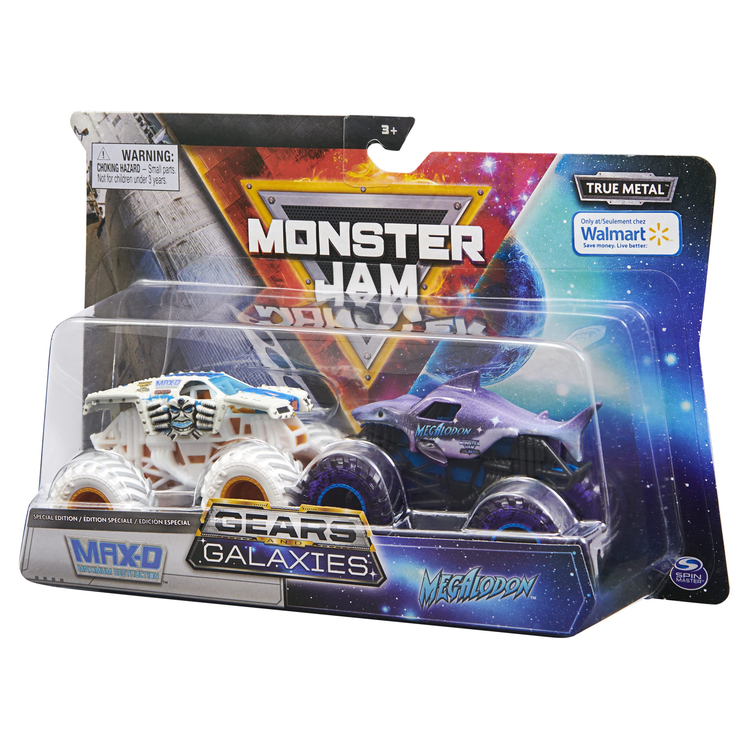 DieCast MonsterJam 2 Pack Max D vs Megalodon, Gears and Galaxies
