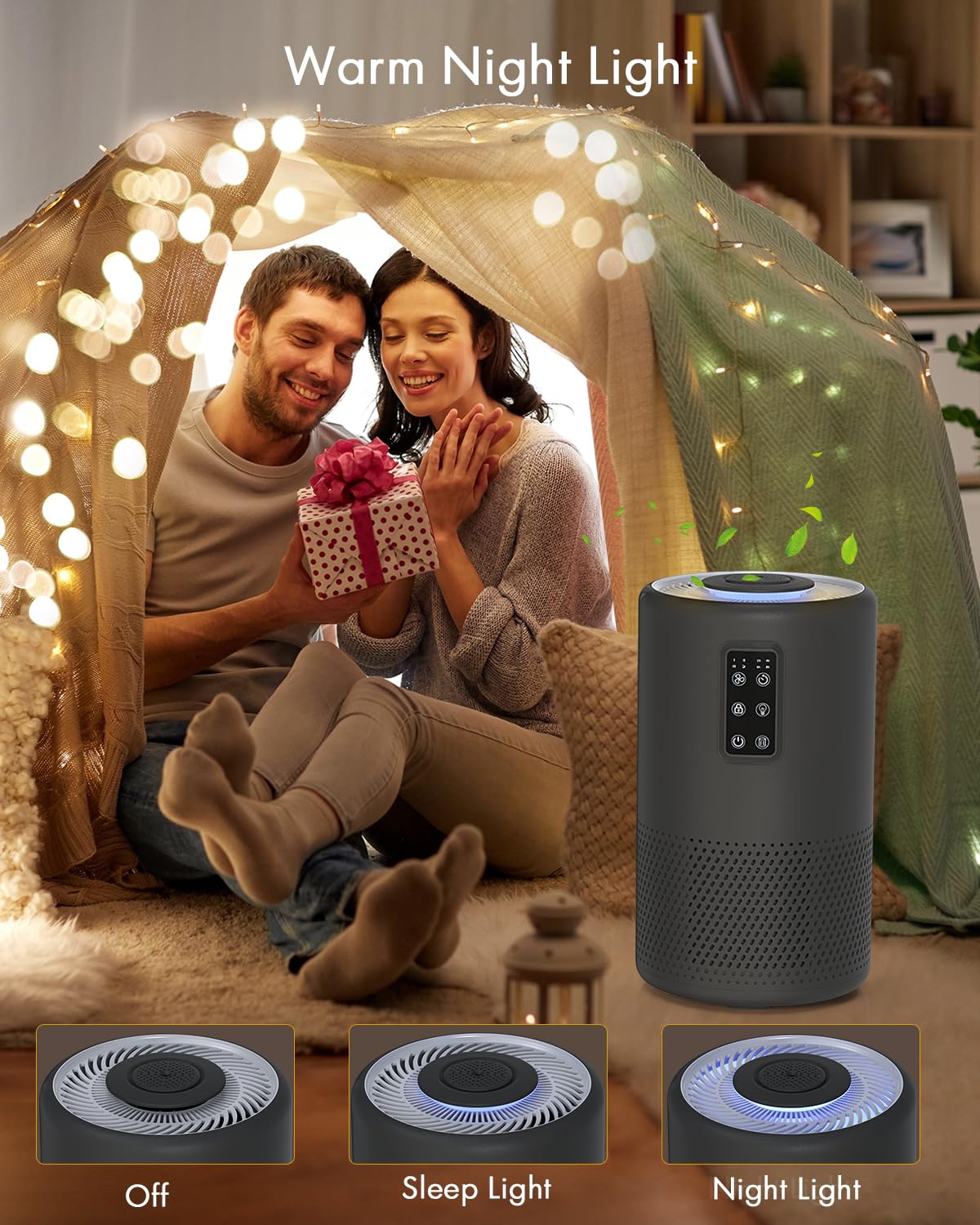 B-D02U Air Purifiers for Home Large Room with Night Light up to 1076ft², H13 True HEPA Air Cleaner with Fragrance Sponge, Sleep Mode, Timer, Speed, Lock, for Wildfire Smoke Pet Dust Pollen Odor