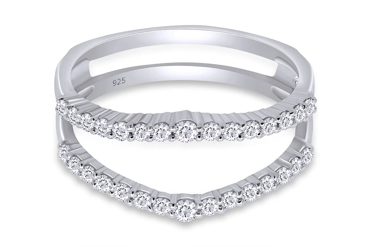AFFY 0.50 Carat Round Sparkling White Cubic Zirconia Curve Enhancer Guard 14k White Gold Over Sterling Silver Ring Size-7