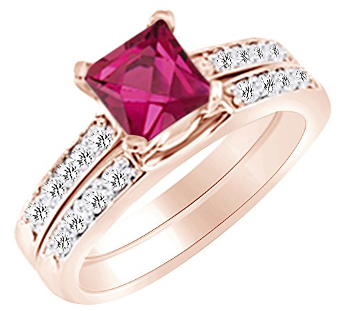 AFFY 1.42 cttw Simulated Pink Sapphire & White Natural Diamond Engagement Wedding Ring Set in 14k Rose Gold with Ring Size 9