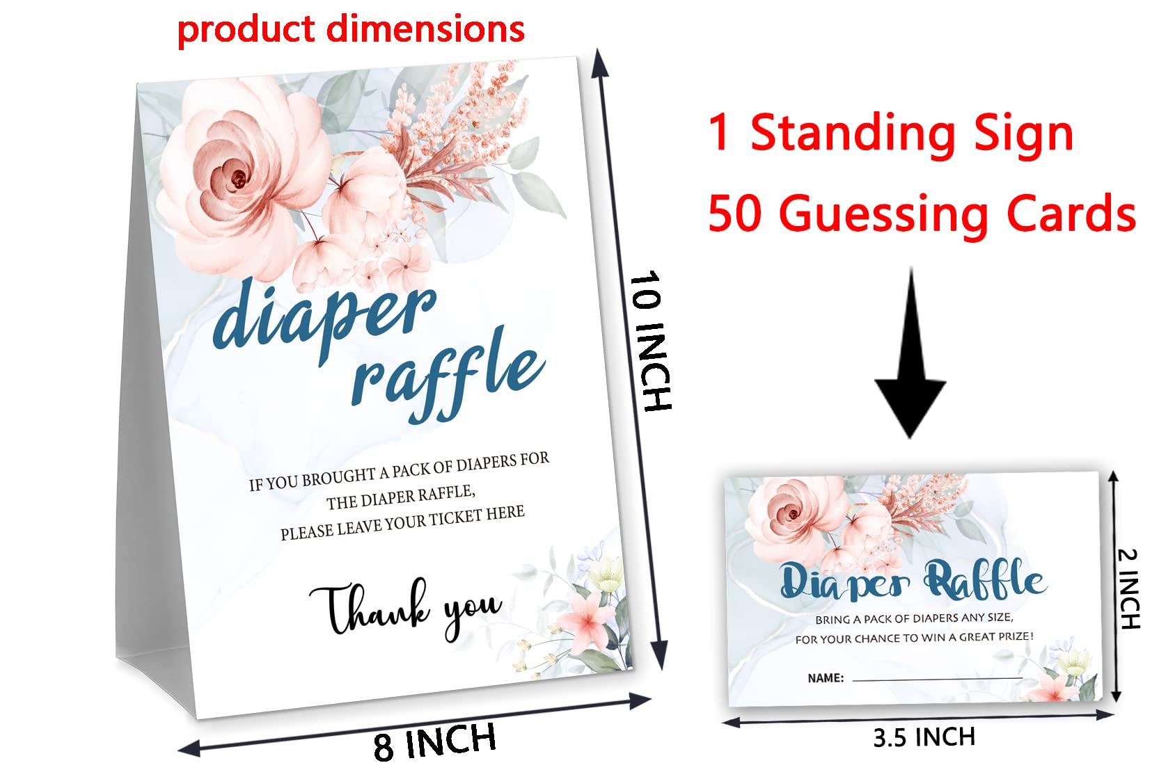 Baby Shower Diaper Raffle Game, Floral Greenery Baby Shower Party Game Set, 1 Sign With 50 Raffle Tickets set –B009