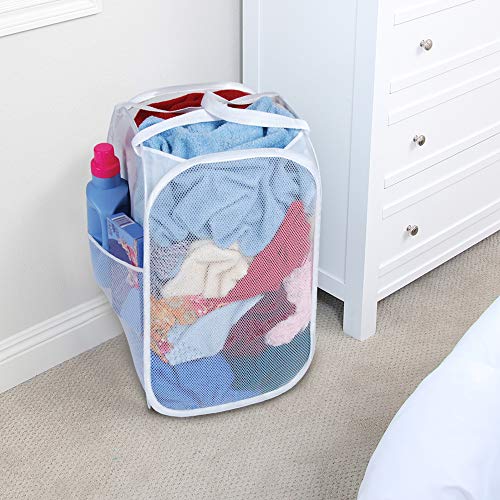 Smart Design Pop Up Laundry Hamper with Easy Carry Handles and Side Pocket - Durable Mesh Fabric - Collapsible Design - Clothes and Laundry - Home Organization - Holds 2 Loads - 13 x 21 Inch - White
