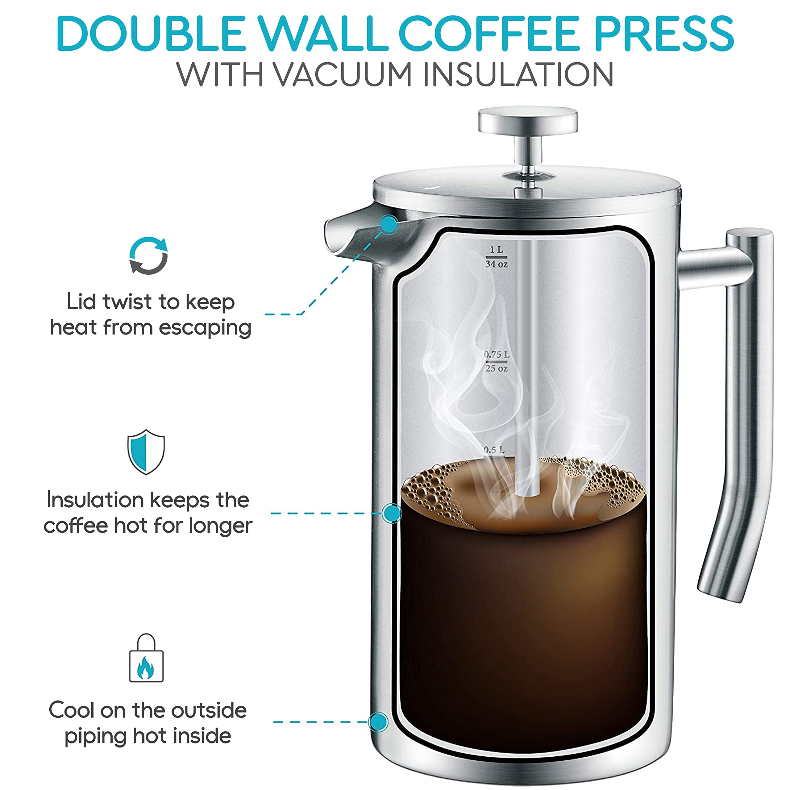 Belwares French Press Coffee Maker 50 Oz – Insulated Coffee Press Stainless Steel 304 Large – Coffee Spoon, Double Wall, & 4 Level Filtration System (1.5 Liter) – Silver