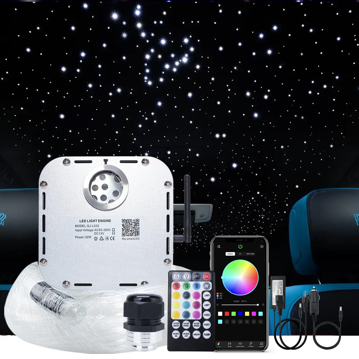 AKEPO 32W RGBW APP+Twinkle+Music Control Fiber Optic Lights Kit Star Ceiling Sky Light, 400pcs of Mixed ฮฆ (0.75+1+1.5+2mm) 13.1ft/4m Optical Fiber Cable and Crystals for Car & Media Movie Room Decor