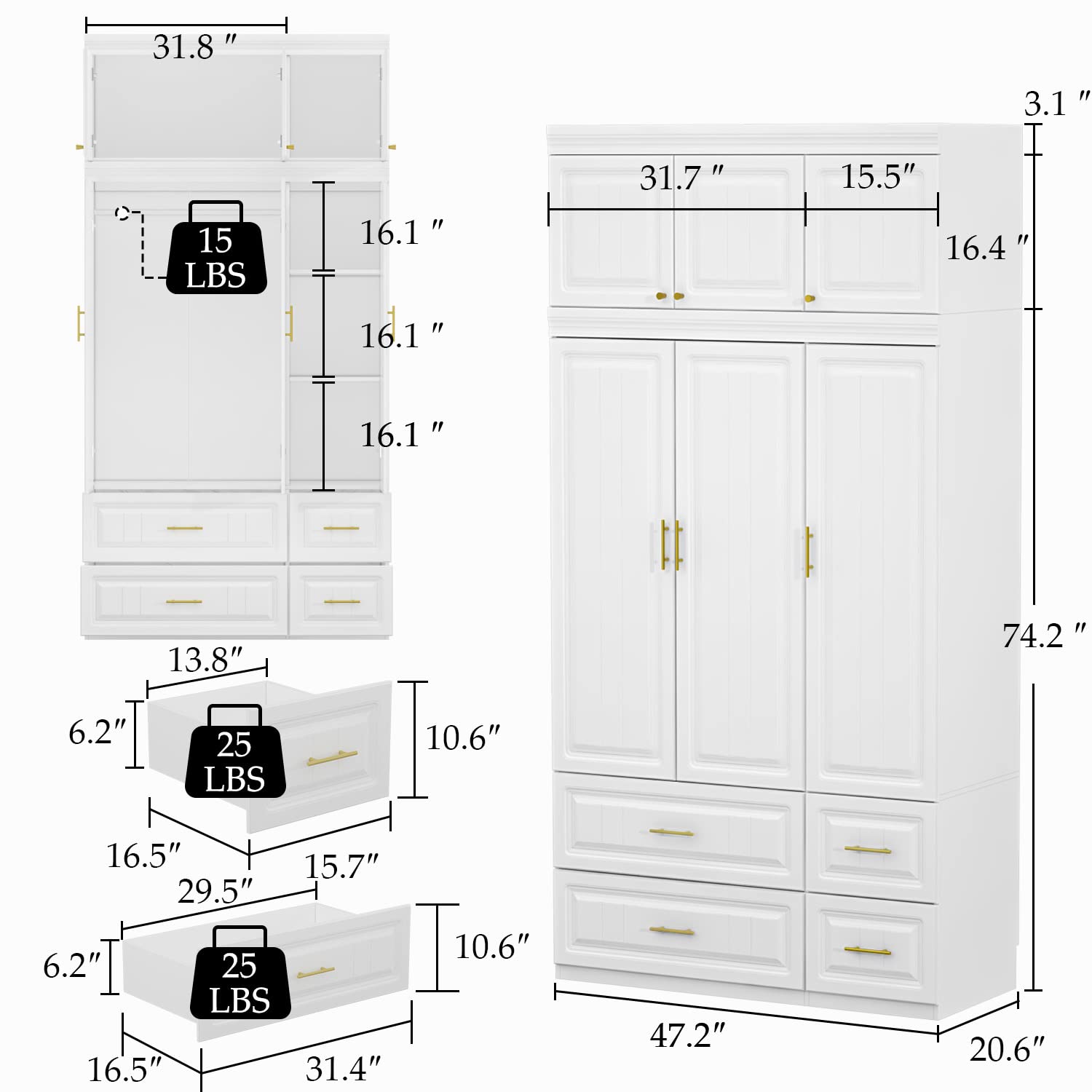AIEGLE 3 Doors Wardrobe Armoire with 4 Drawers, 47.2" Wide Large Freestanding Armoire Wardrobe Closet with Shelves, Hanging Rod & Top Storage Cabinet, Bedroom Clothes Organizer Set, White