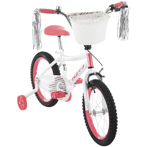 Huffy Zazzle 16" Kids Bike, Ideal for Ages 3 to 5 Years Old, Front Basket, Shimmering Streamers, Removable Training Wheels, Fun and Playful Design, Designed for Growth, Quick Connect Assembly, White