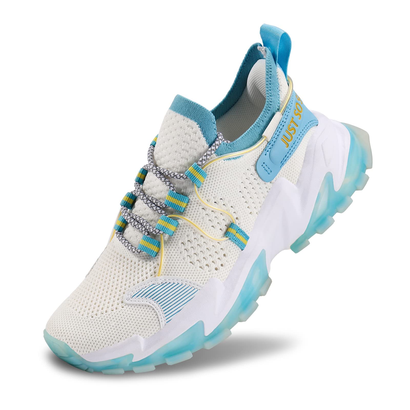 AMLANG Womens Fashion Sneakers Mesh Slip on Running Walking Exercise Shoes White Blue Size 9.5