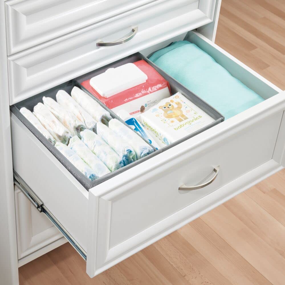 mDesign Soft Fabric Dresser Drawer and Closet Storage Organizer Bin for Child/Kids Room, Nursery, Playroom - Divided 2 Section Tray - Textured Print, 2 Pack - Gray