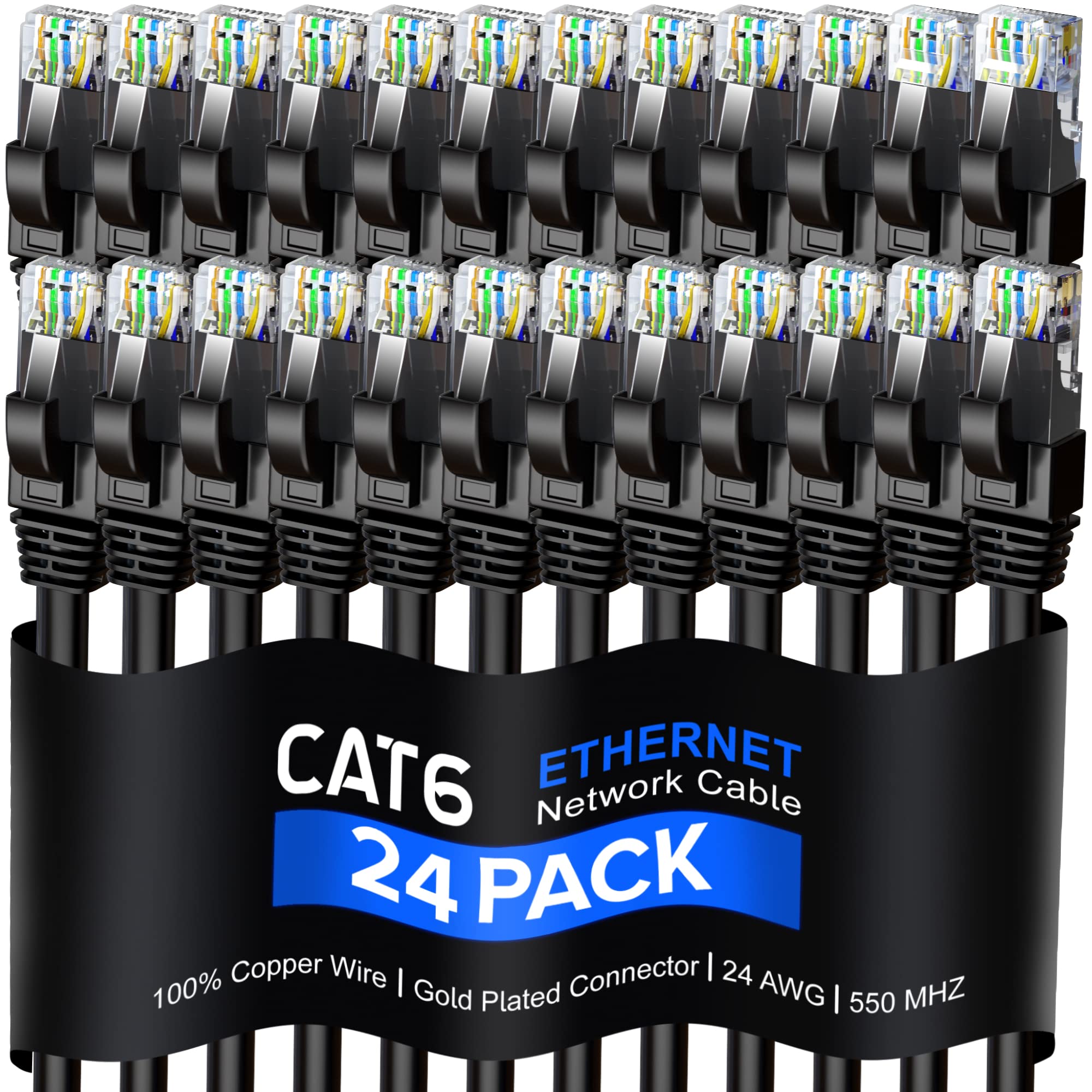Maximm Cat 6 Ethernet Cable 20 Ft, 100% Pure Copper, Cat6 Cable (20 Pack) LAN Cable, Internet Cable, Patch Cable and Network Cable - UTP (Black) 20 Feet