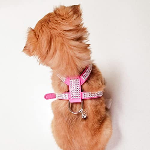 EXPAWLORER Dog Harness Genuine Leather Soft Padded Pet Sparkly Rhinestone Vest with Heart Pendant for Puppy Cat, Pink (S, Pink)