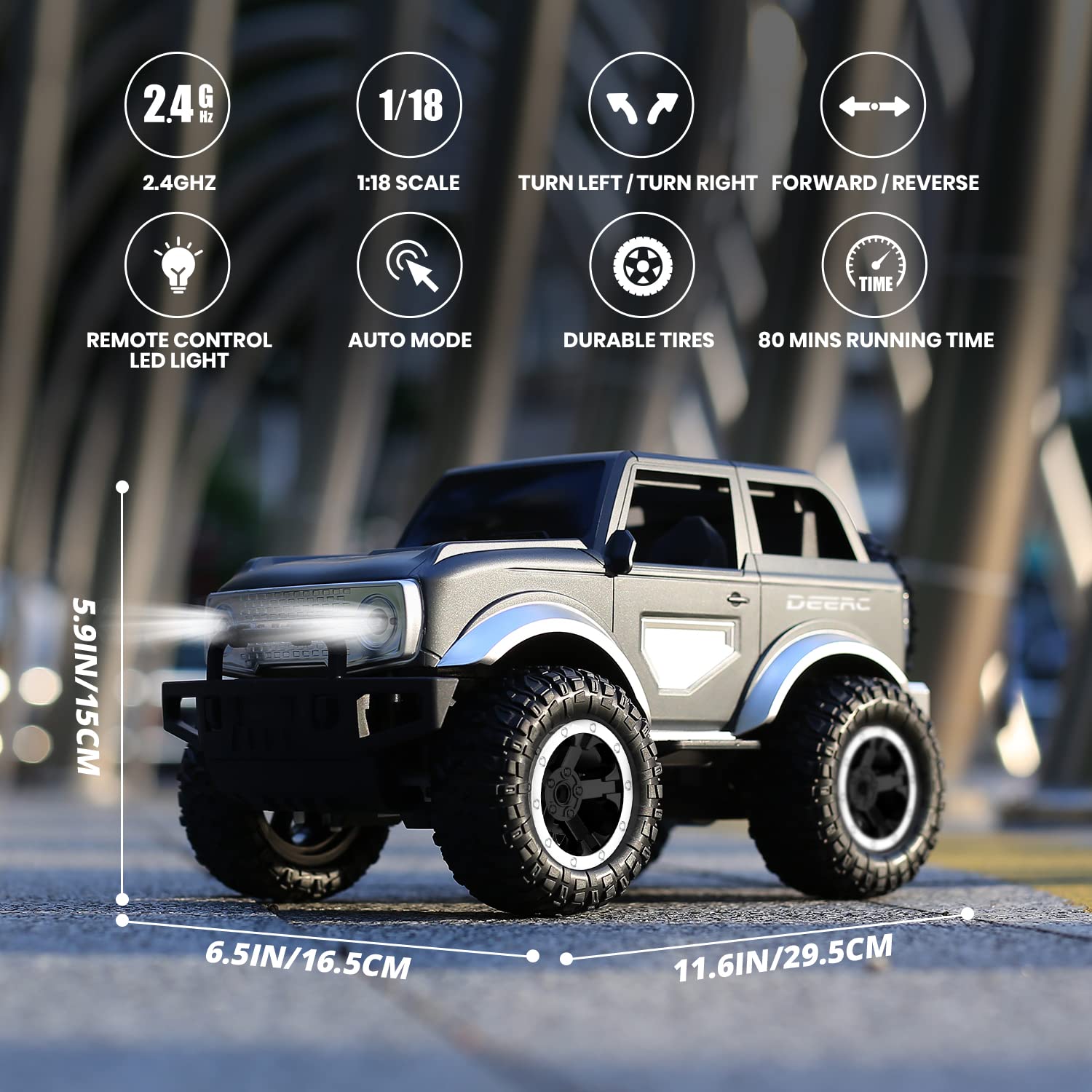 DEERC Remote Control Jeep Car with Realistic Headlight & Taillight, 160 Mins Play SUV Vehicle with Spare Tire, 2.4Ghz 1:18 All-Terrain Monster Trucks for Boys, Off-Road RC Trucks Gift for Kids