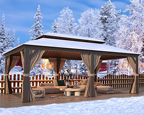 MELLCOM 12' x 20' Hardtop Gazebo,Galvanized Steel Metal Double Roof Gazebo with Curtain and Netting,Brown Permanent Pavilion Gazebo with Aluminum Frame for Patios,Gardens,Lawns