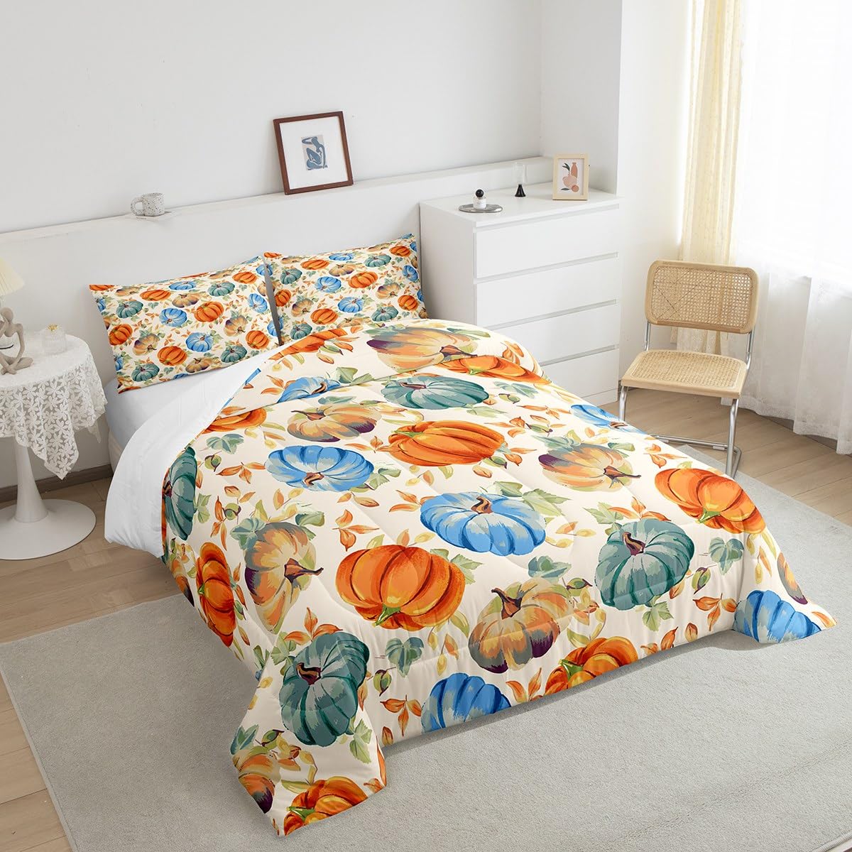 Erosebridal Happy Thanksgiving Comforter Set Twin, Fall Pumpkin Bedding Set, Autumn Fall Leaves Bedding Comforter Sets, Rustic Farmhouse Style Down Comforter, Happy Fall Y'all Duvet Insert, 2Pcs