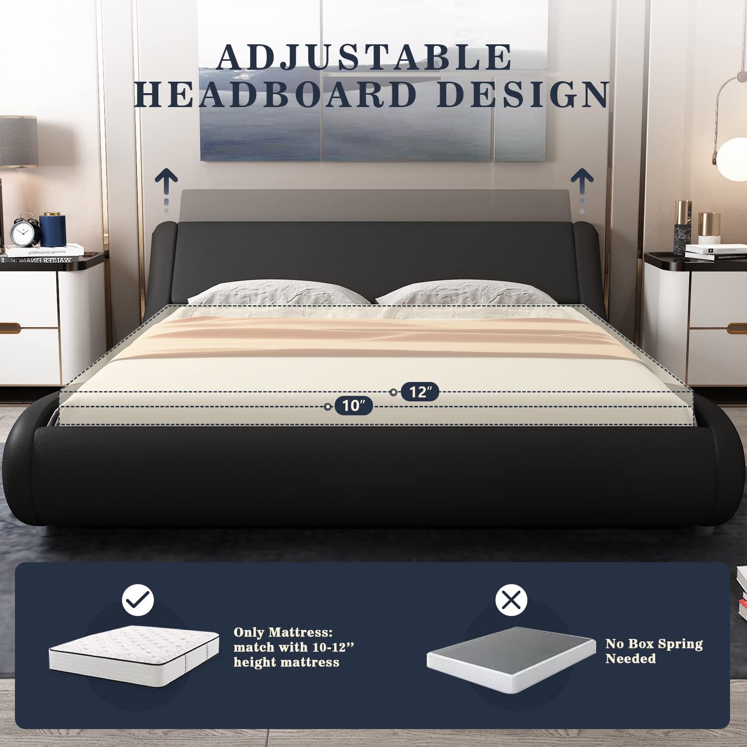 Allewie Queen Size Bed Frame with Curved Adjustable Headboard, Faux Leather Upholstered Platform Bed, Strong Wooden Slats Support, 10-12'' Mattress Recommended, Black