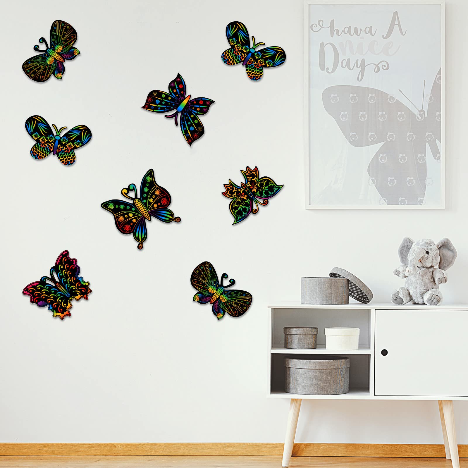 Landhoow Butterfly Scratch Cards for Kids Scratch Crafts Art Card Rainbow Summer Scratch Card Butterfly Party Favors for DIY Crafts Home Decoration Project, 6 Styles (24 Pcs)