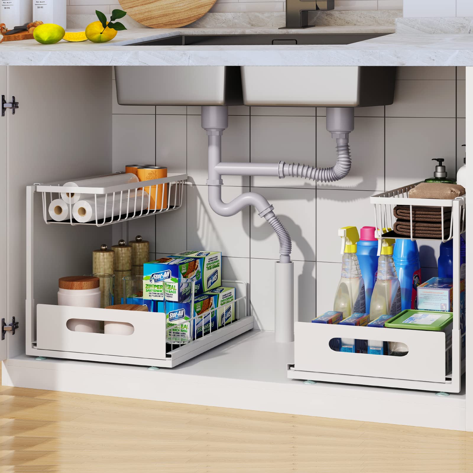 UINOFLE 2 Pack Under Sink Organizers and Storage, 2 Tier Sliding Cabinet Basket Organizer Drawer Pull Out Cabinet Organizer Multi-Purpose Under Sink Organizer for Bathroom Kitchen (White)