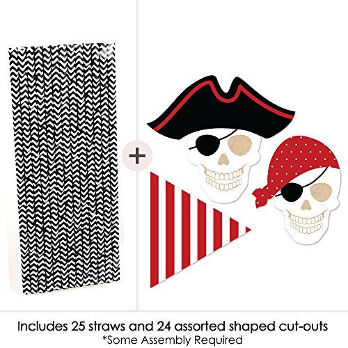 Beware of Pirates Paper Straw Decor - Pirate Birthday Party Striped Decorative Straws - Set of 24