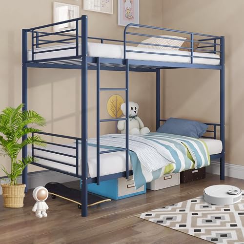 Alohappy Bunk Bed Twin Over Twin,Heavy Duty Metal Twin Bunk Beds Frame with Removable Ladder,No Box Spring Needed,Space-Saving,Easy to Climb,Urban Industrial Style(Dark Blue)