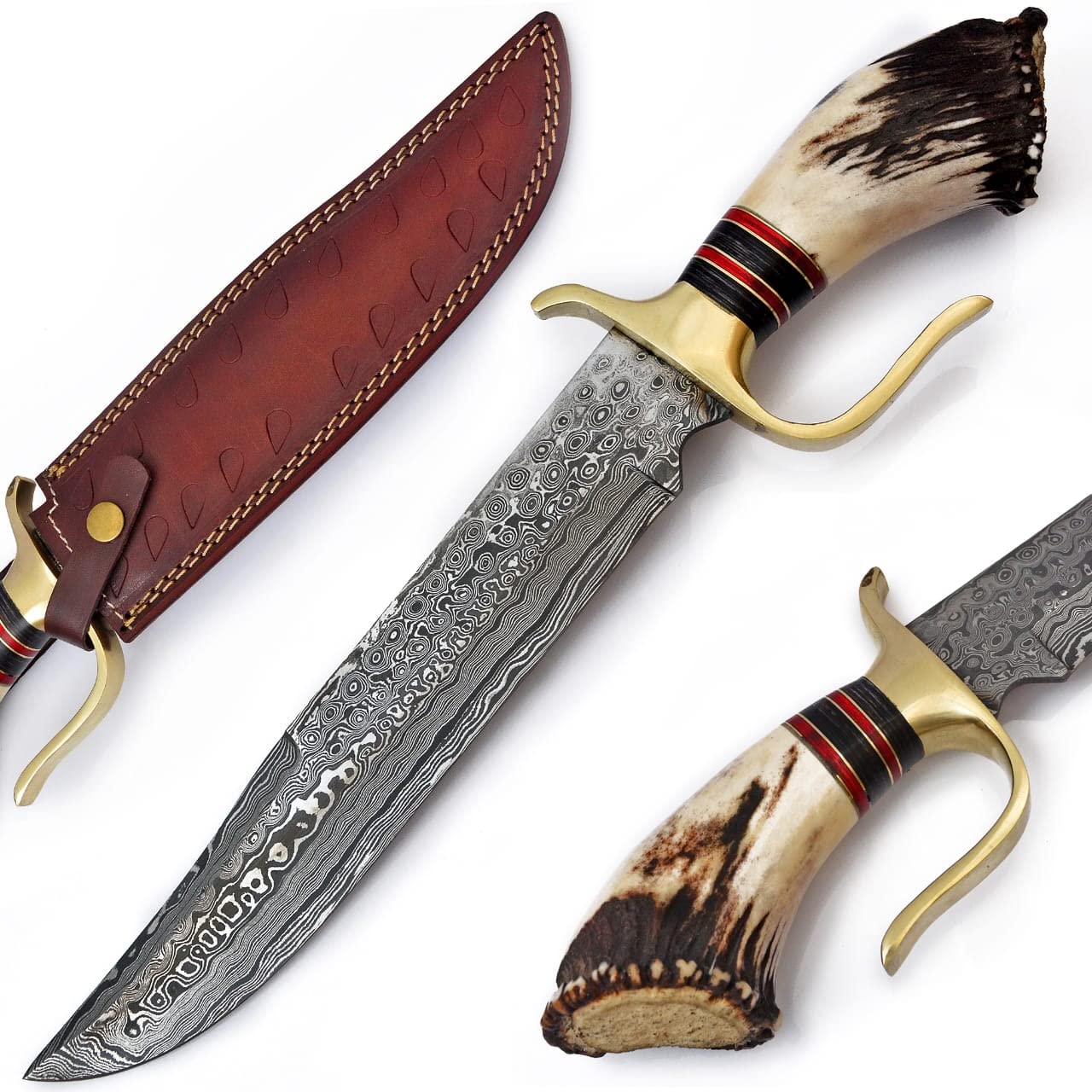BABA Damascus Steel Stag Horn Crown Antler Hunting Bowie KNIFE 601