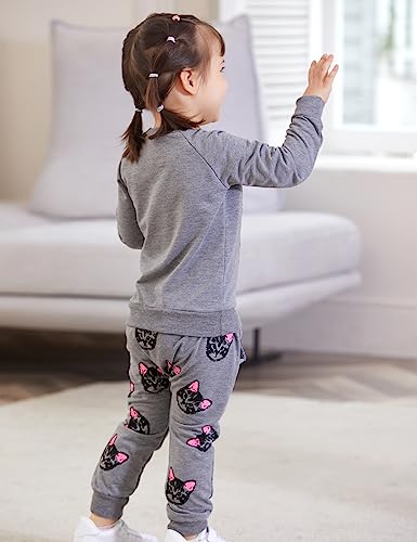 puseky Toddler Kids Girls Cute Cat Sweatshirt Tops & Pants Tracksuit Outfits Set (3T-4T, Grey)