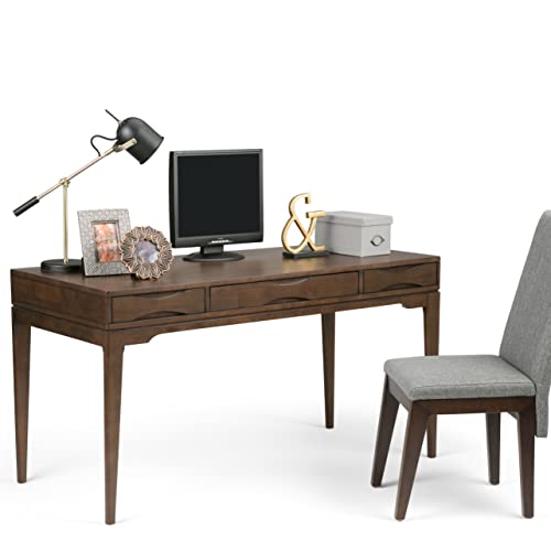 SIMPLIHOME Harper SOLID WOOD Mid Century Modern 60 inch Wide Home Office Desk, Writing Table, Study Table Furniture in Walnut Brown with 2 Drawers
