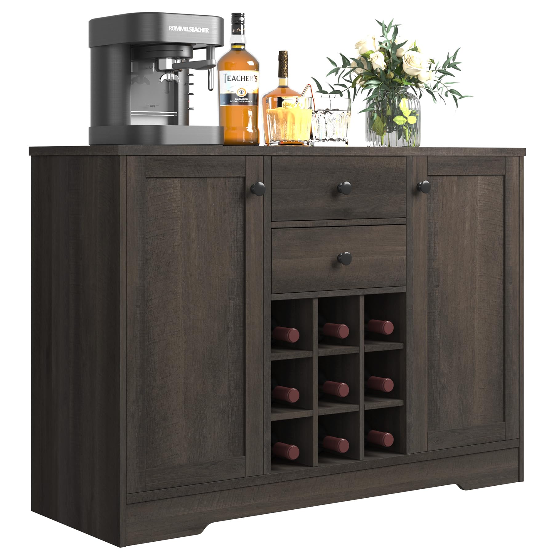 BOTLOG Buffet Sideboard Bar Cabinet with Storage, Farmhouse Coffee Bar Cabinet with 2 Drawers and Adjustable Shelves, 43.3β Kitchen Buffet Storage Cabinet for Kitchen, Dining Room (Dark Brown)