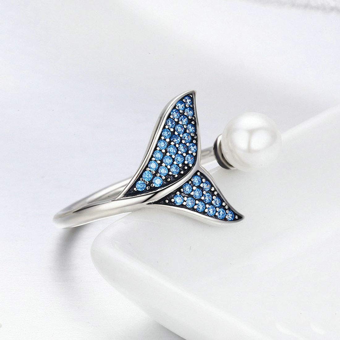 Amaer Dolphin ring S925 Sterling Silver Dolphin Tail Adjustable Finger Ring for Women Girls Open Eternity pearl Ring High Polished White Gold