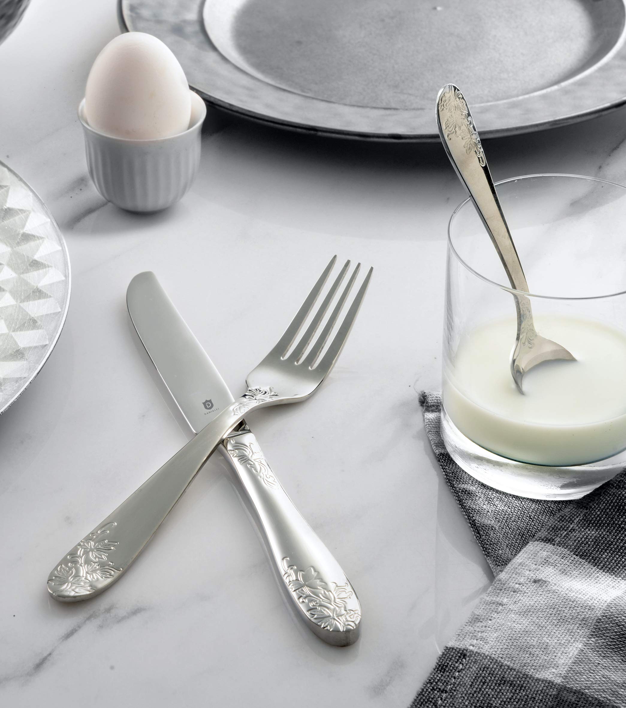 DANIALLI Modern Silverware Set - 18/10 Stainless Steel Flatware Set for Elegant Dining - Dishwasher Safe Cutlery Set (Imperial 40-Piece, Floral)