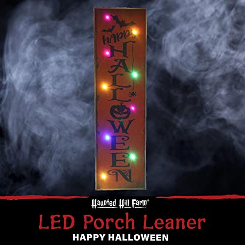 Haunted Hill Farm 45-in. Happy Halloween Porch Leaner Sign with LED Lights, Battery Operated, Festive Holiday Decor, Jack-O-Lantern, Bats in Orange & Black