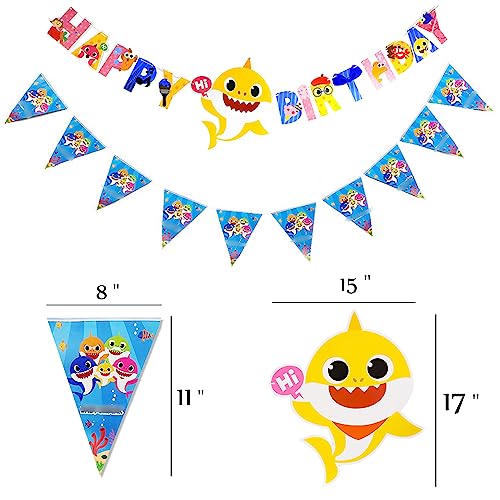 AOLDHYY 195 Pcs Shark Birthday Decorations, for 10 Guests, Shark Party Supplies, Including Birthday Banner, Blowing Dragon, Straw, Balloons, Tablecloth, Tableware, Gift Bag