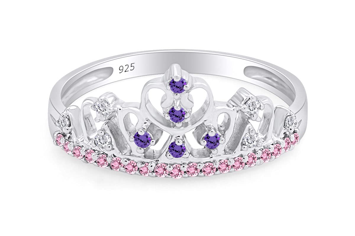 AFFY Round Cut Simulated Multi Stone Rapunzel Princess Style Engagement Wedding Crown Ring in 14k White Gold Over Sterling Silver with Ring Size 8