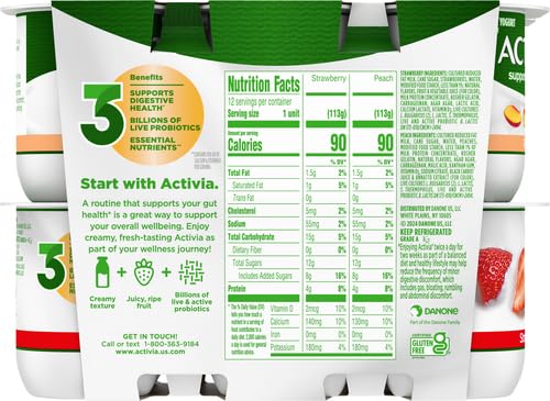 ACTIVIA Probiotic Lowfat Yogurt, Variety Pack, Peach & Strawberry, Non-GMO Project Verified, 4 Oz, Pack of 12